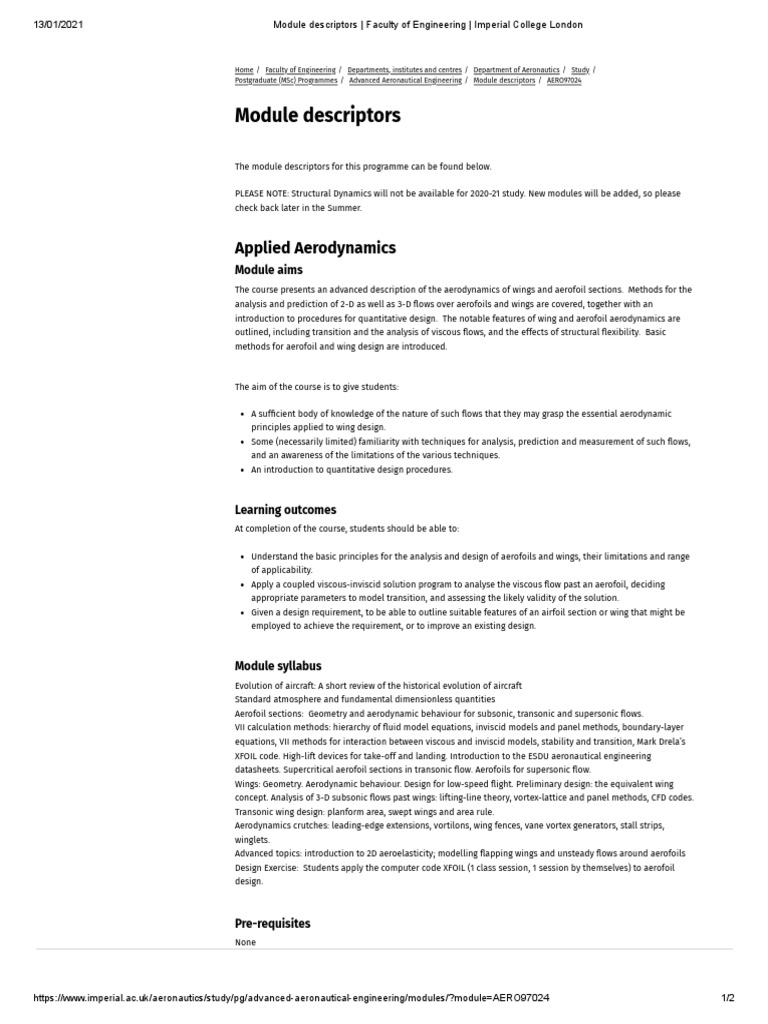 Module Descriptors - Faculty of Engineering - Imperial College London | PDF | Airfoil | Aerodynamics