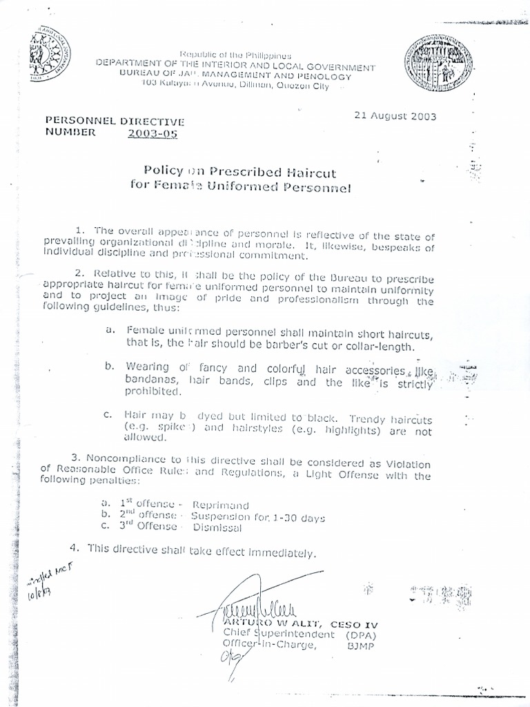 08.21.2003 Policy On Prescribed Haircut For Female Uniformed Personnel ...