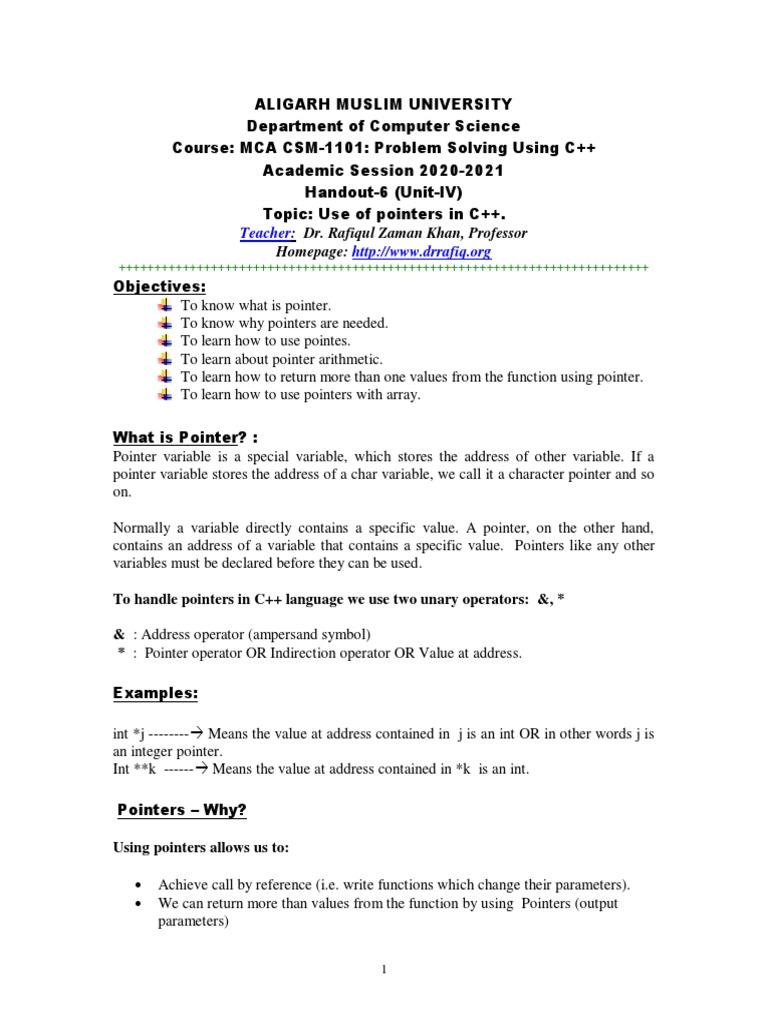 Handout 6 CSM 1101 | PDF | Pointer (Computer Programming) | Array Data ... Handout 6 CSM 1101 | PDF | Pointer (Computer Programming) | Array Data ...