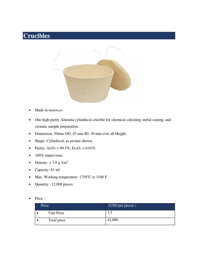 Crucibles: Price (USD Per Pieces) | PDF