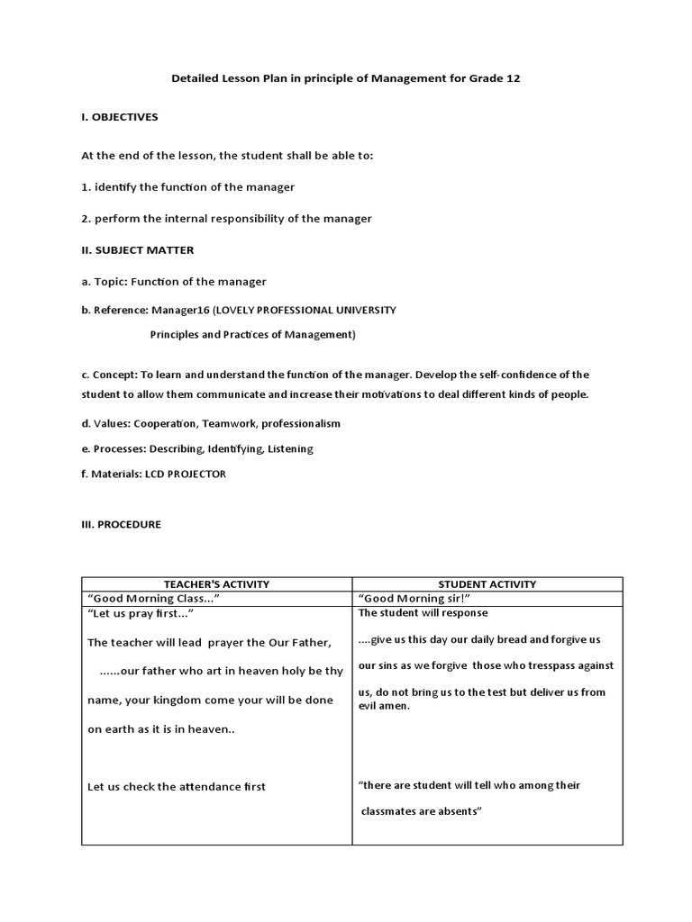 Grade 12 Management Lesson Plan | PDF | Senses | Lesson Plan