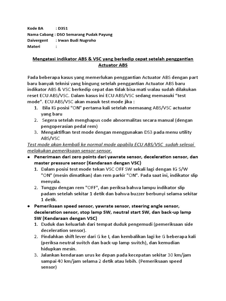 D351-Mengatasi Indikator ABS & VSC Yang Berkedip Cepat Setelah ...