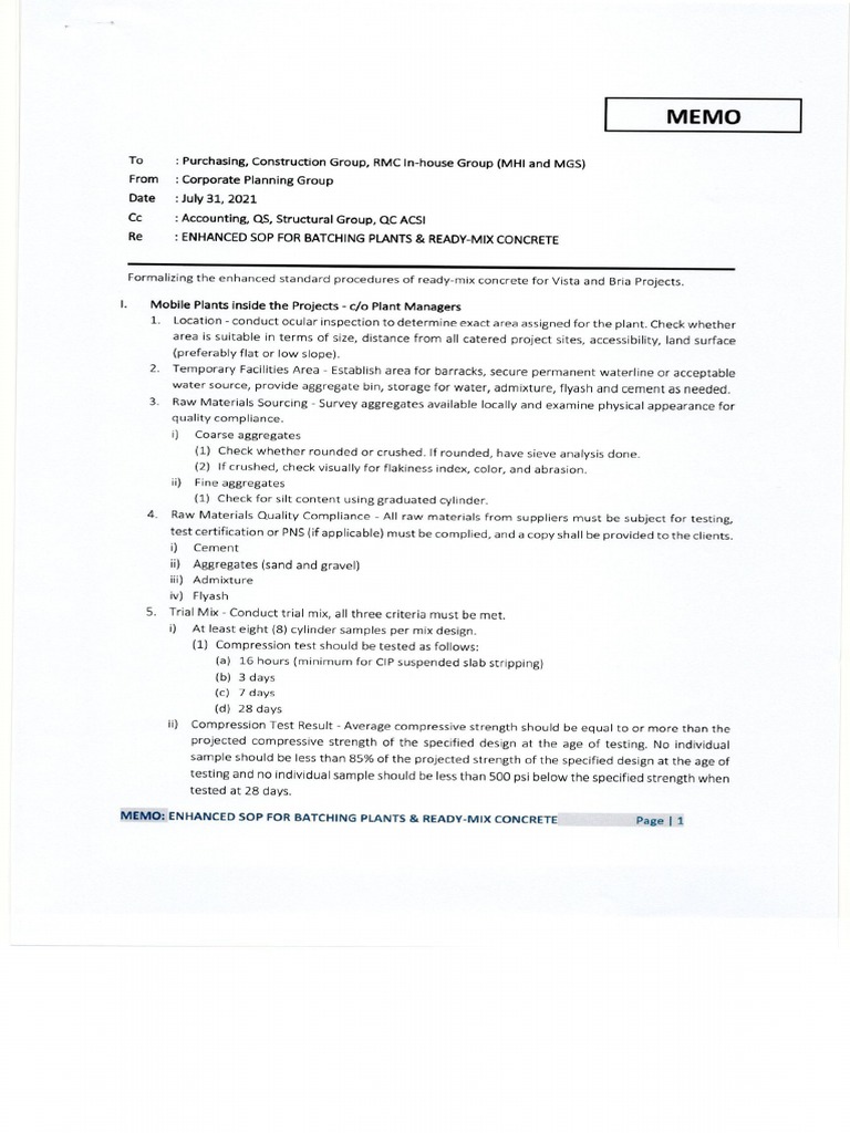 MEMO - Enhanched SOP For Batching Plant and Read-Mix Concrete - PAV Signed | PDF
