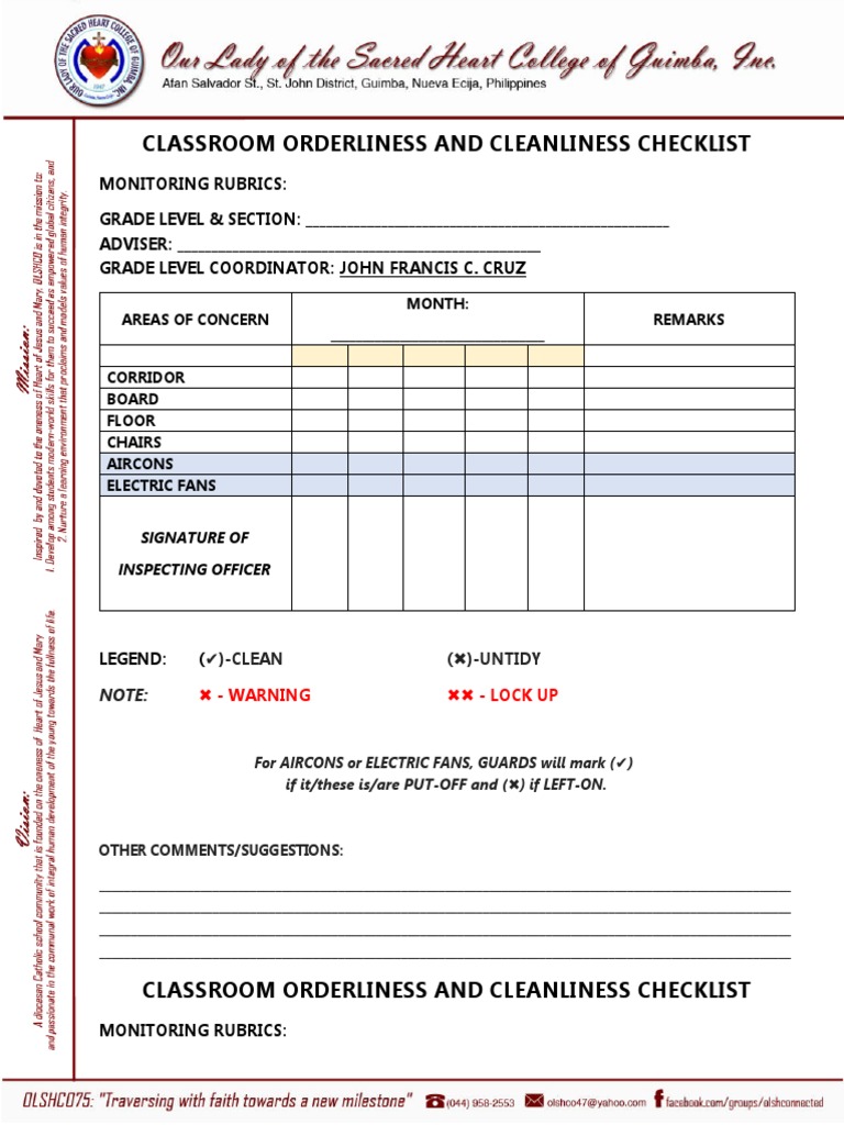 Classroom Orderliness and Cleanliness Checklist | PDF