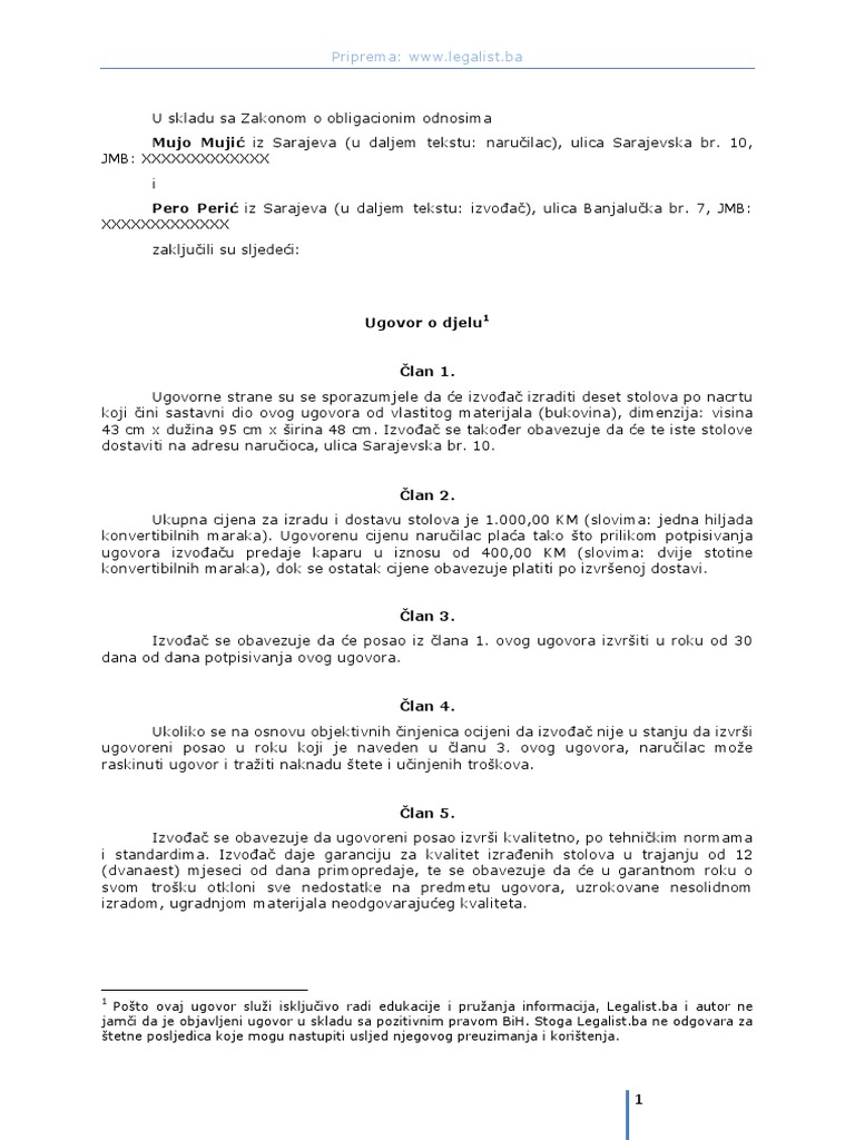 Ugovor o Djelu Primjer | PDF