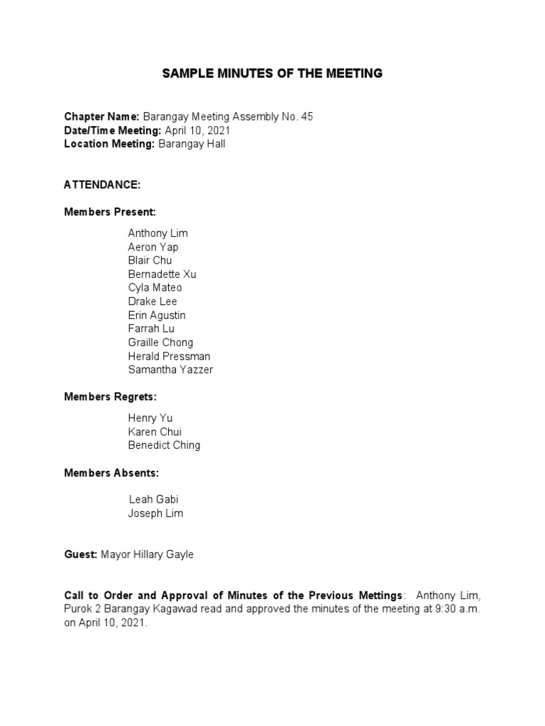 Sample Minutes of The Meeting | PDF | Public Health | Emergency Management