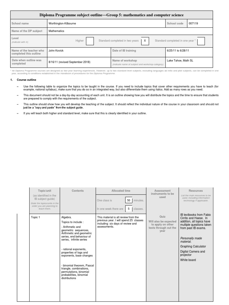 IB Mathematics SL Course Outline | PDF | Trigonometric Functions ...
