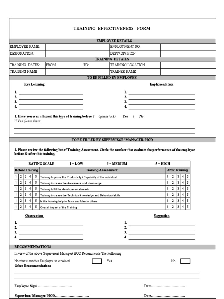 Training Effectiveness Form | PDF | Human Nature | Pedagogy