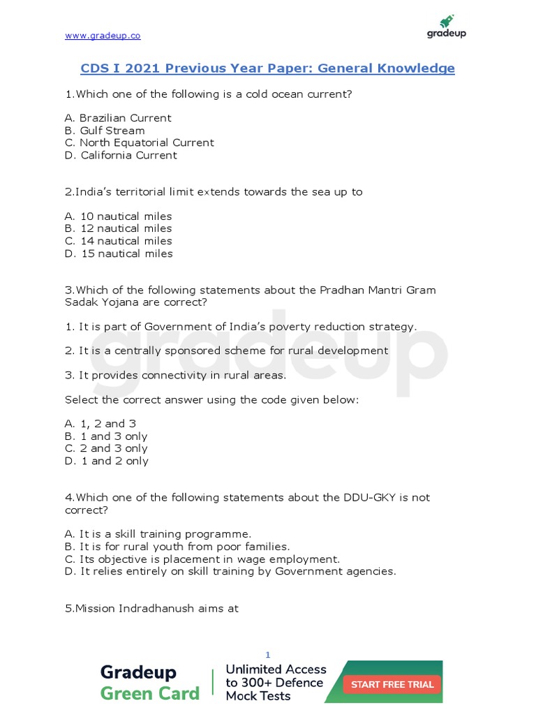 CDS I 2021 Previous Year Paper: General Knowledge: WWW - Gradeup.co ...