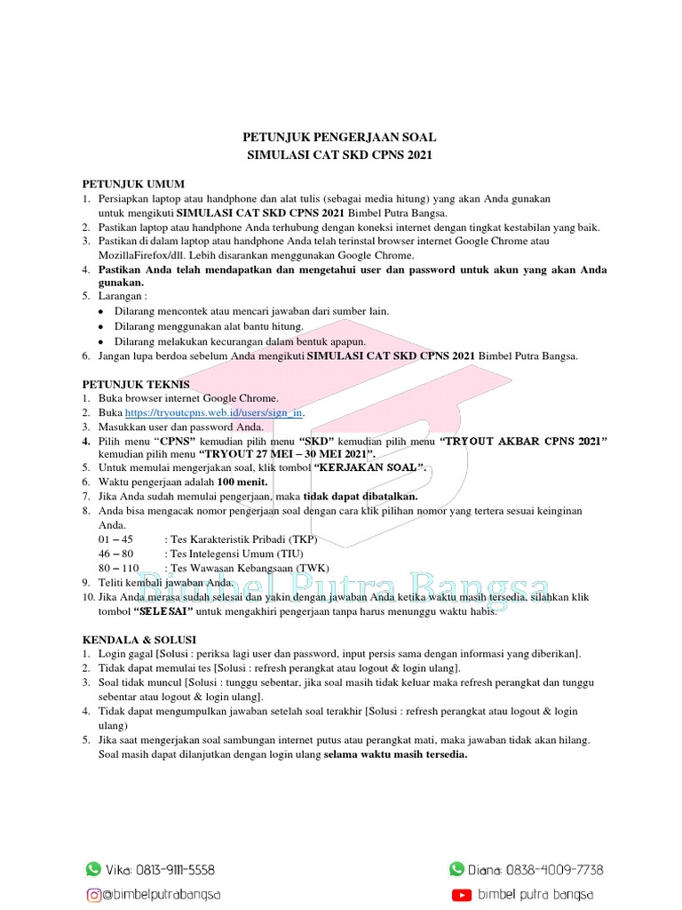 Petunjuk Pengerjaan Soal Simulasi Cat SKD CPNS 2021 | PDF