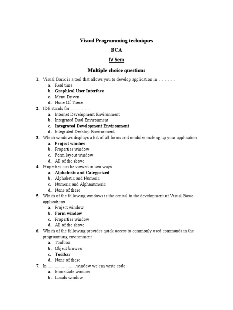 Visual Basic MCQs for BCA IV Sem | PDF | Databases | Variable (Computer ...