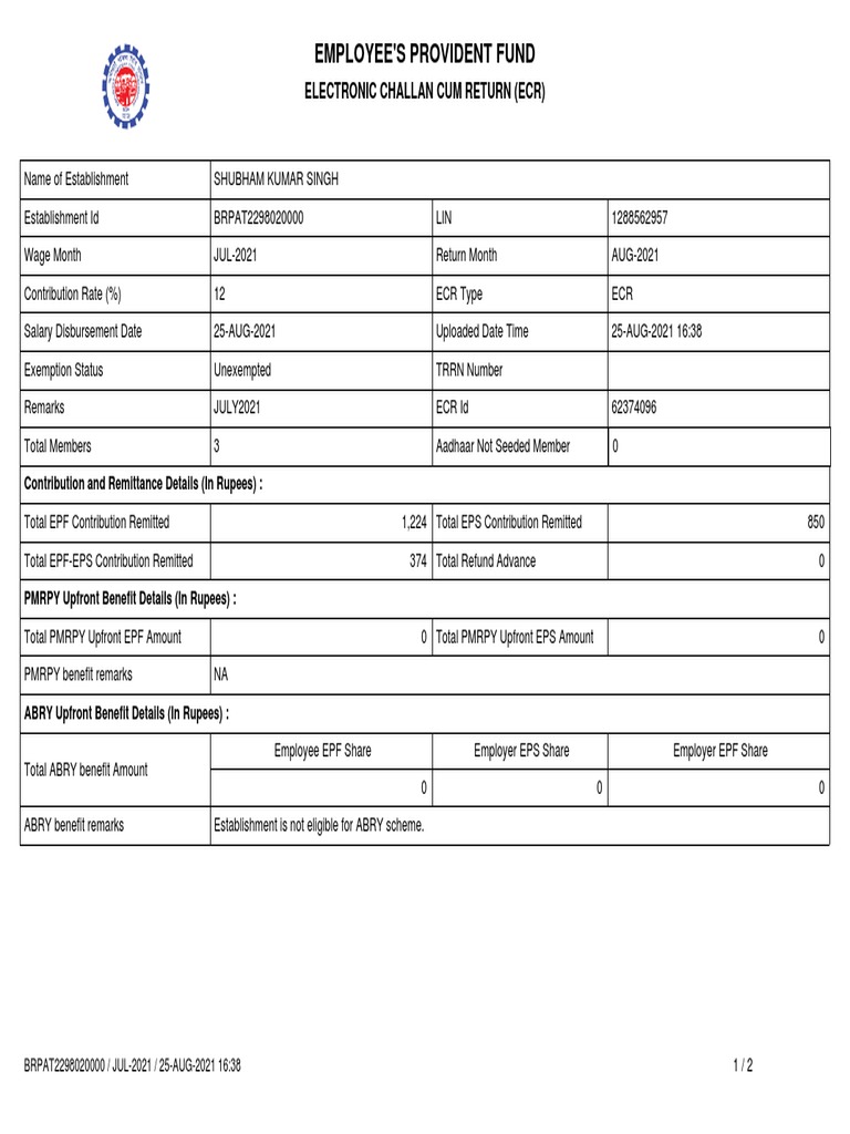 Employee'S Provident Fund: Electronic Challan Cum Return (Ecr) | PDF ...