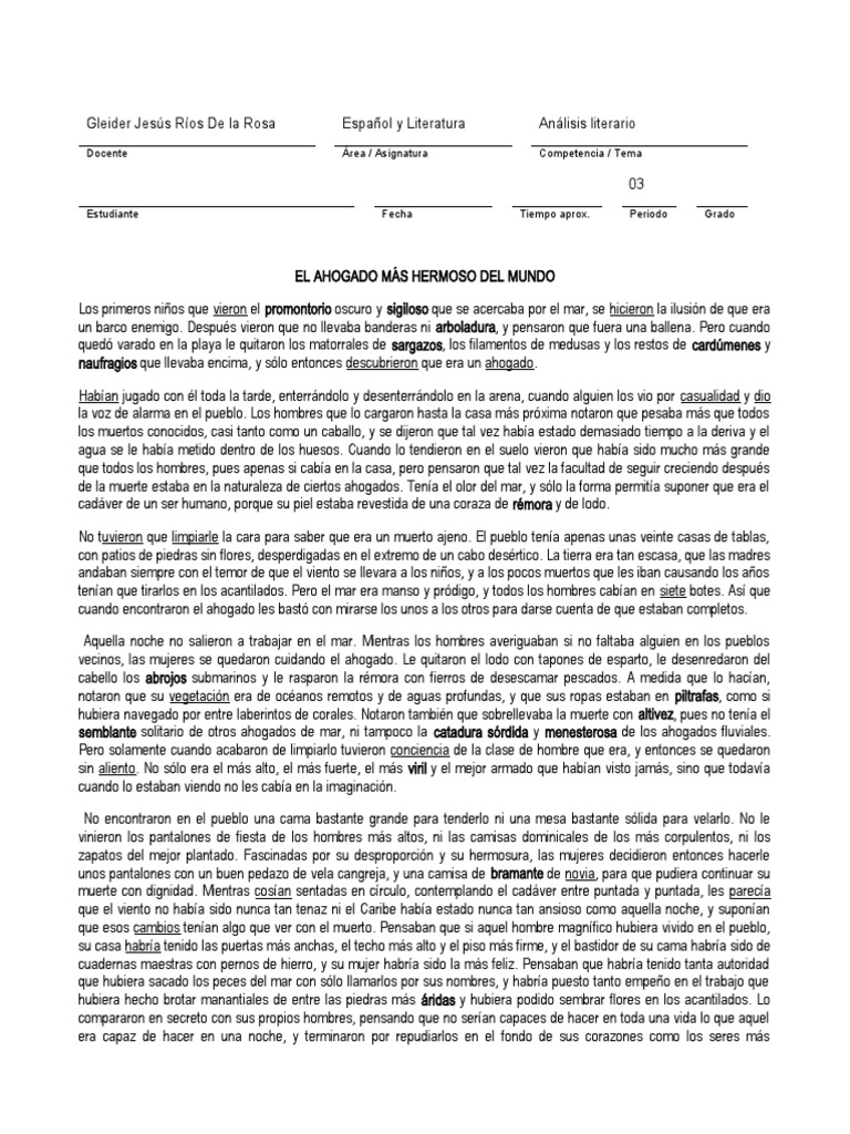 El ahogado más hermoso: análisis y actividades | PDF | Lengua española