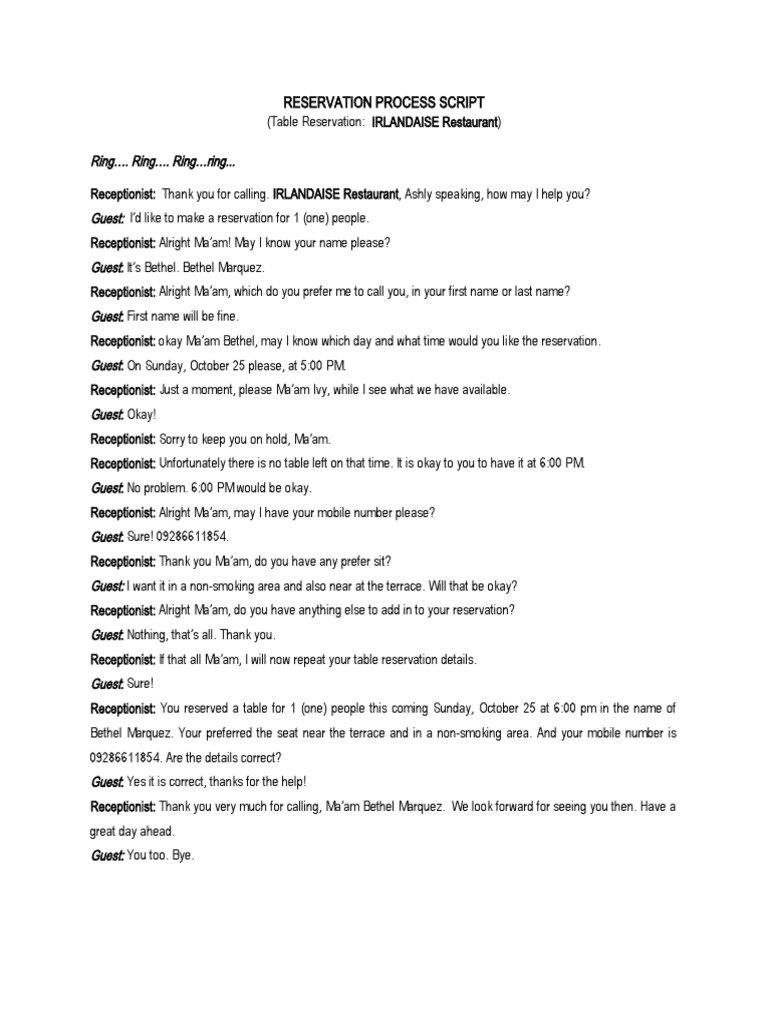 Restaurant Reservation Script | PDF