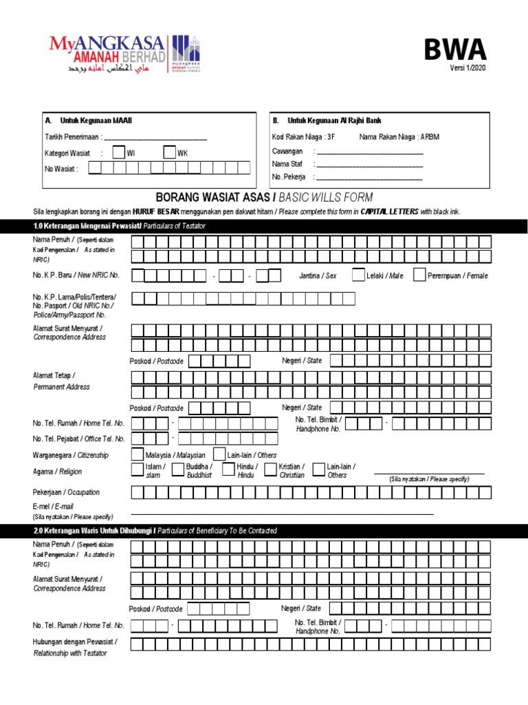 Borang Wasiat Asas MAAB 2020 | PDF | Karier & Perkembangan | Pengelolaan Keuangan & Uang