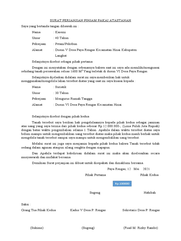 Surat Perjanjian Pinjam Pakai Tanah | PDF