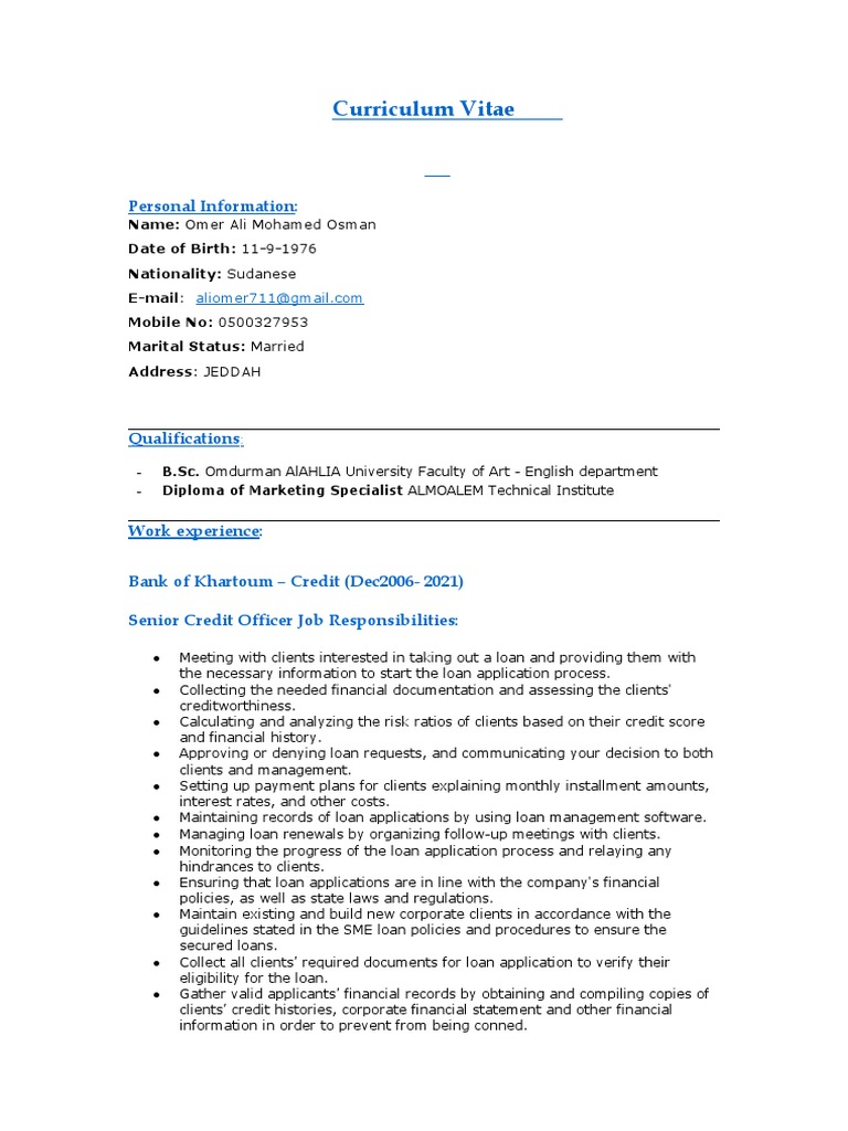 CV: Omer Ali Mohamed Osman | PDF | Loans | Credit