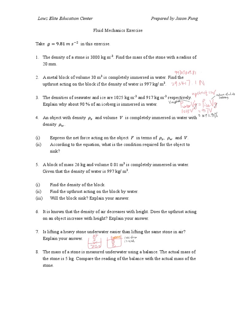 Fluid Mechanics Exercise | PDF | Buoyancy | Density