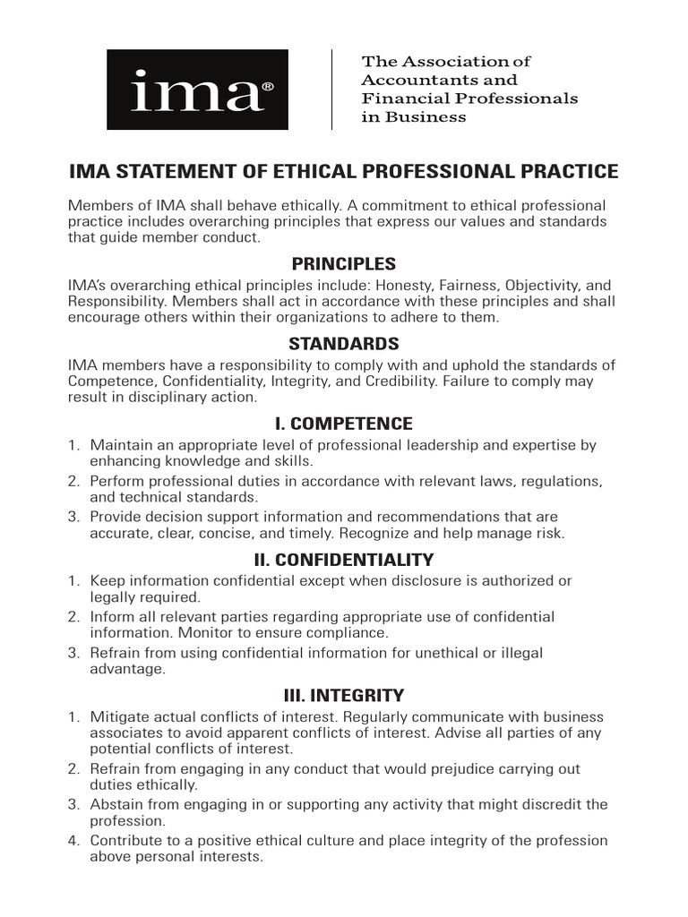 IMA Statement of Ethical Professional Practice | PDF | Conflict Of ...