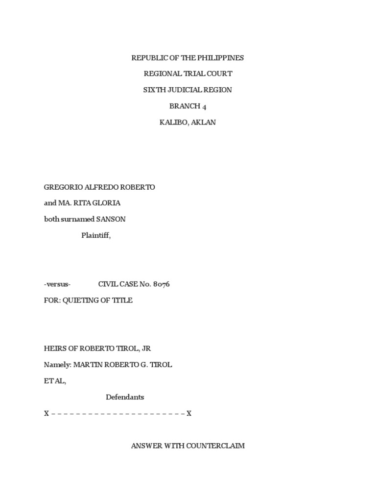 ANSWER (Quieting of Title) | PDF | Lawsuit | Complaint