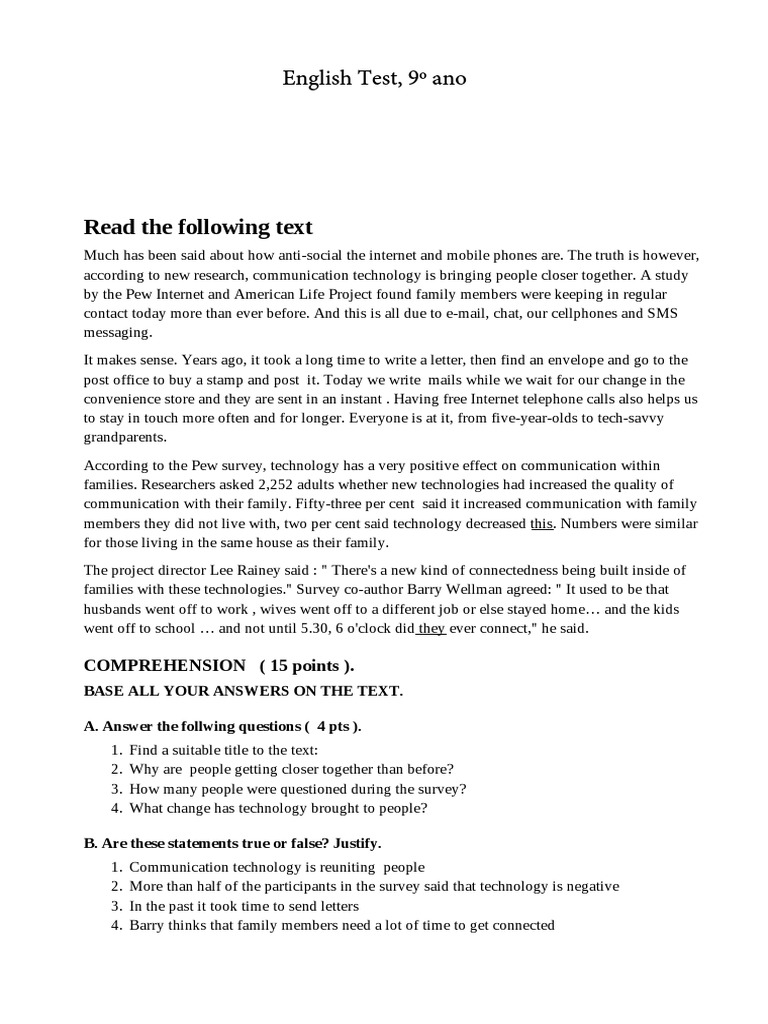 Read The Following Text: English Test, 9º Ano | PDF | Communication