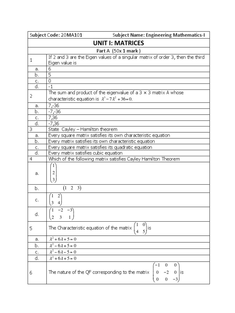 Engineering Mathematics-I MCQ Question Bank | PDF | Eigenvalues And ...