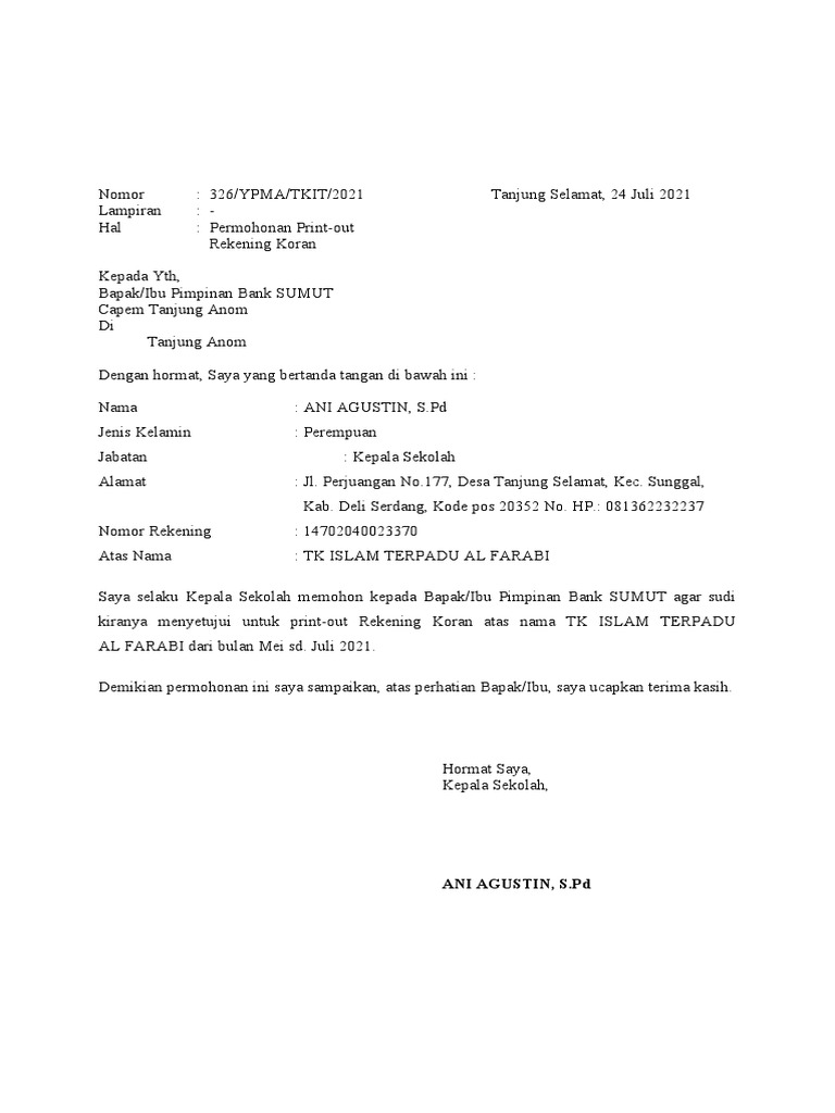Surat Permohonan Rekening Koran TK | PDF | Ilmu Sosial | Kesehatan Holistik