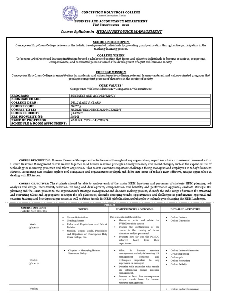 Course Syllabus in Human Resource Management: Minane Concepcion, Tarlac ...