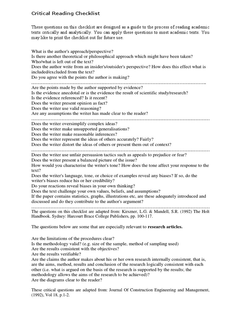 Critical Reading Checklist Guide | PDF | Writers | Bias