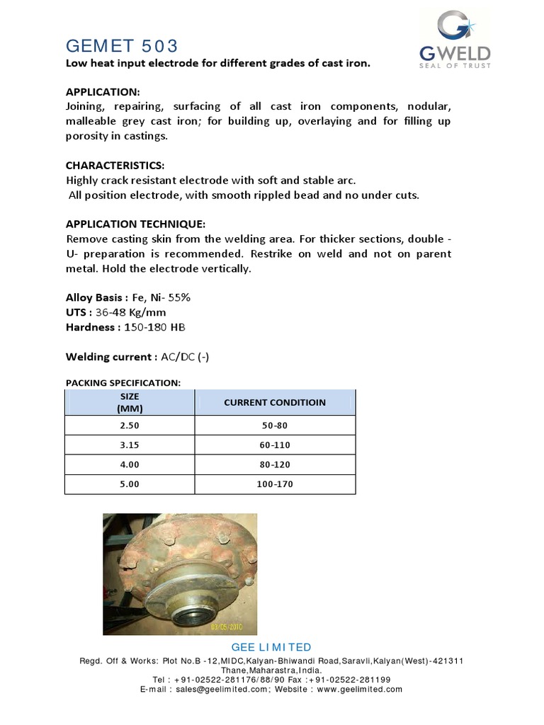 GEMET 503: Low Heat Input Electrode For Different Grades of Cast Iron ...