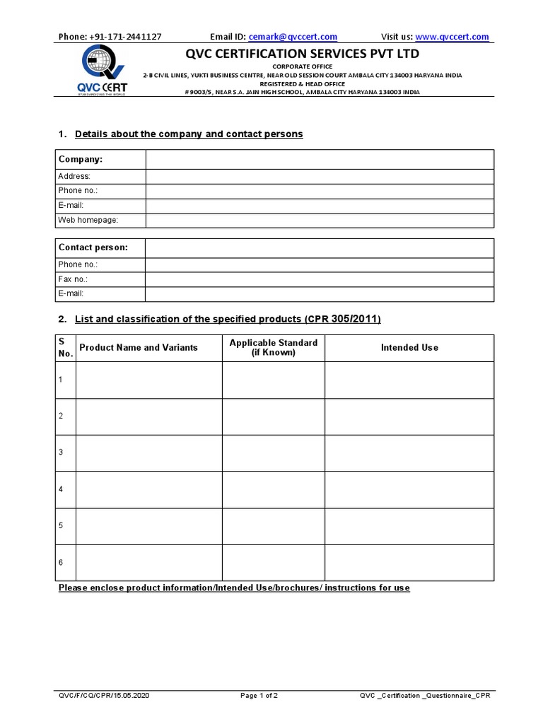Application for Product Certification and Company Information ...