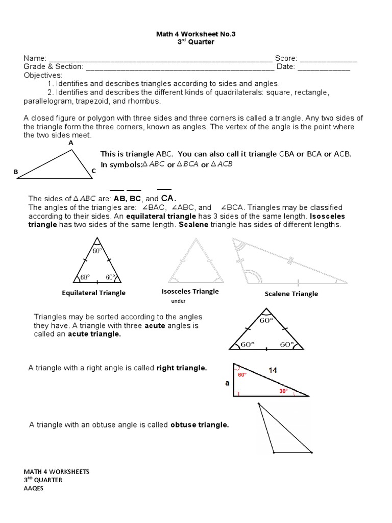 Math4 Q3 Worksheet No.3 | PDF | Triangle | Rectangle
