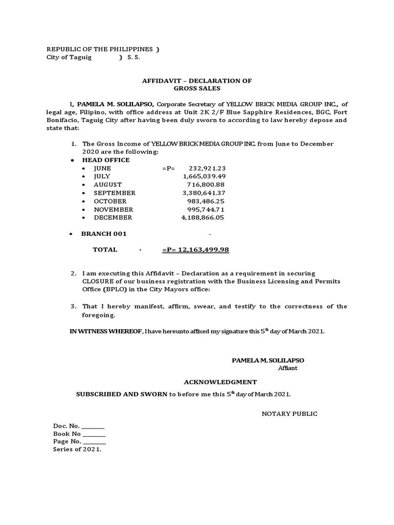 Affidavit - Declaration of Gross Sales | PDF | Affidavit | Notary Public
