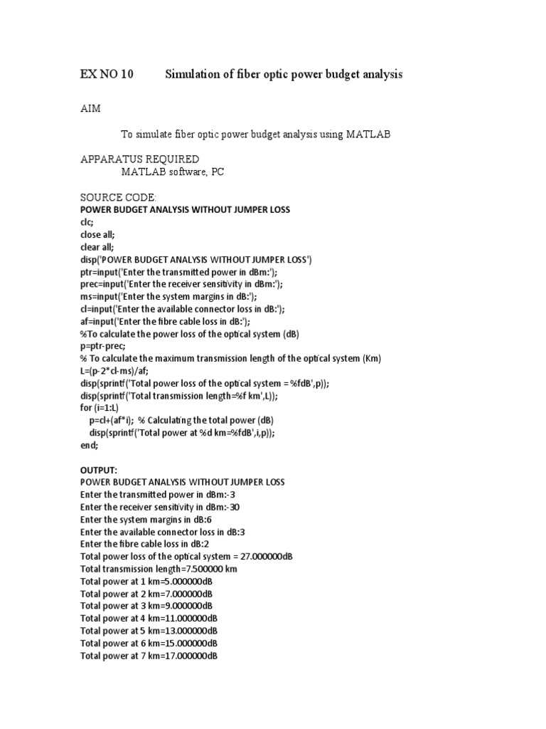 Fibre Optic Power Budget Analysis Matlab Code | PDF | Decibel | Optical ...