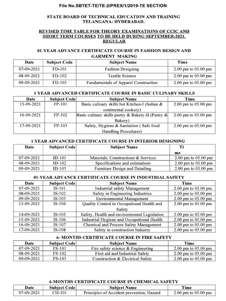 Revised CCIC Regular September 2021 Timetable | PDF