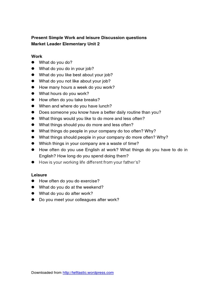 Present Simple Work and Leisure Discussion Questions Market Leader ...