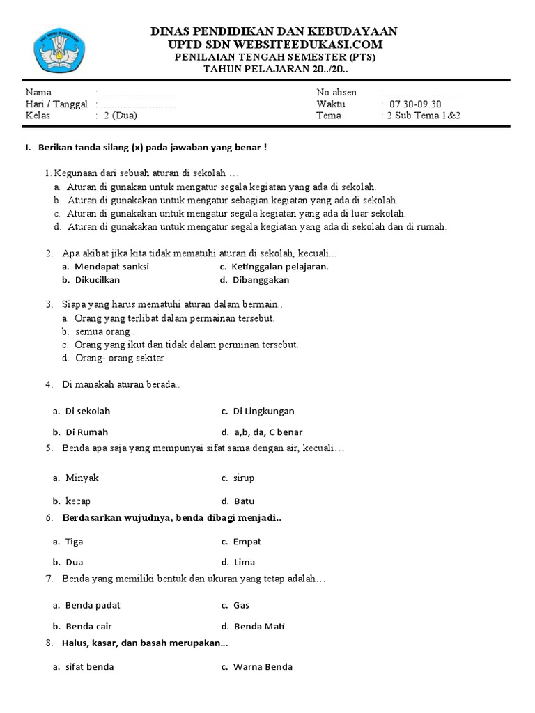 Soal PTS Kelas 2 Tema 2 Sub 1&2 | PDF
