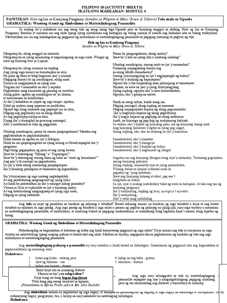 Filipino 10 Kwarter 3 Activity Sheets Modyul 4 | PDF