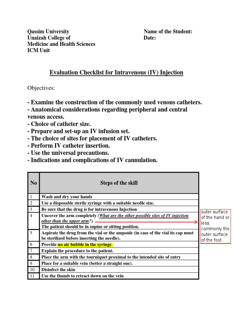 Checklist For IV Injection - Student | PDF | Intravenous Therapy ...