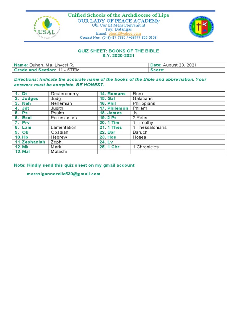 Books of the Bible Quiz Sheet | PDF