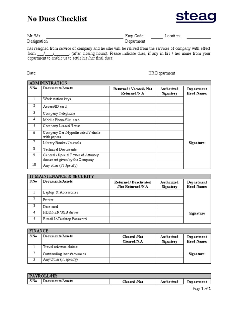 No Dues Checklist: Administration | PDF