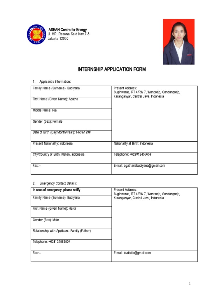 Internship Application Form: ASEAN Centre For Energy Jl. HR. Rasuna ...