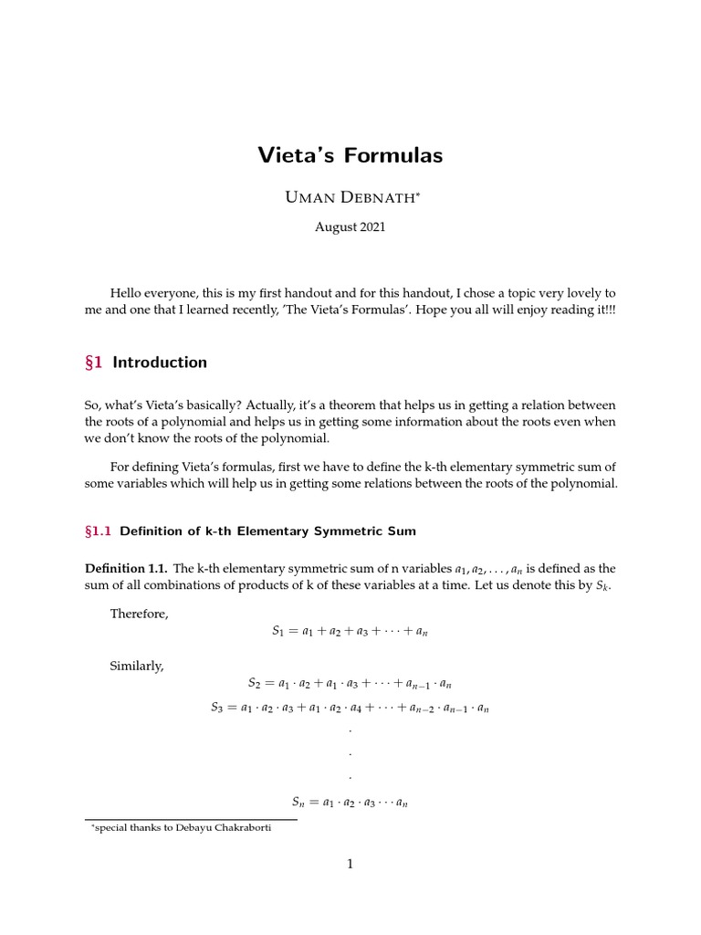 Vieta's Formulas Handout | PDF | Zero Of A Function | Polynomial