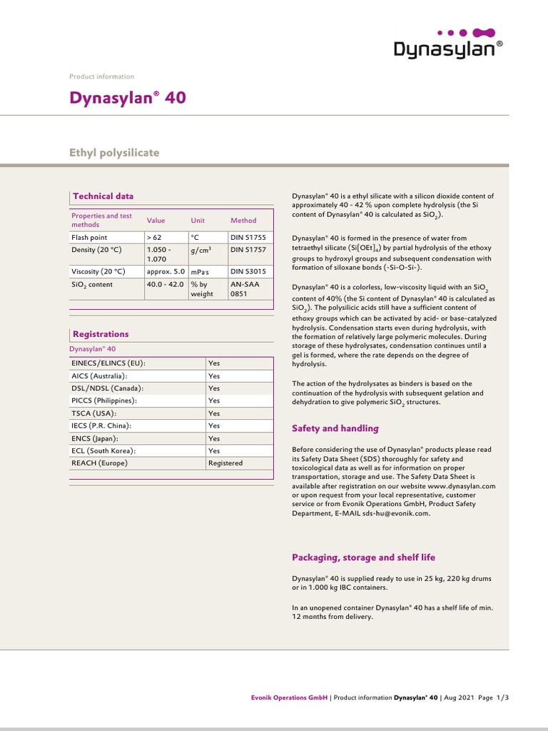 Dynasylan® 40: Ethyl Polysilicate | PDF | Paint | Silicon Dioxide
