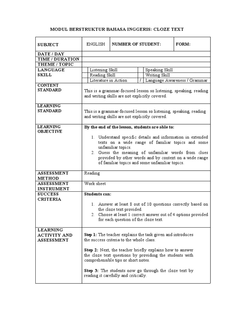 Structured Lesson Plan - Cloze Text (English Module) | PDF ...