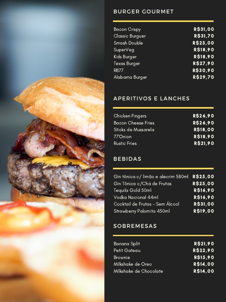 Preto Hambúrguer Almoço Cardápio | PDF