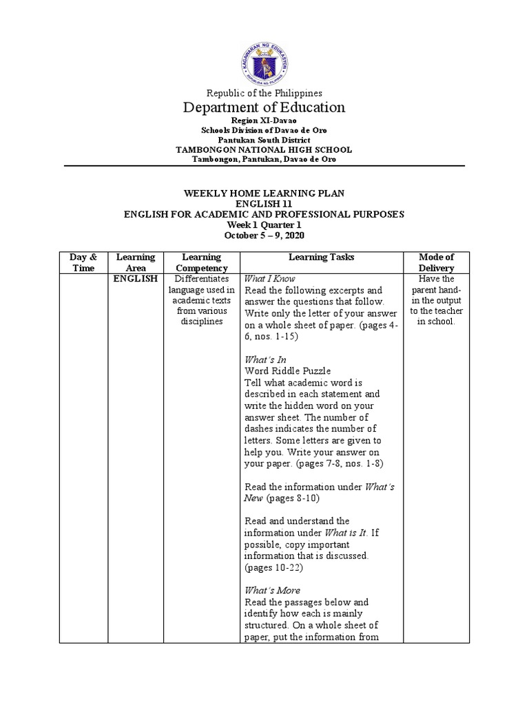 WEEKLY HOME LEARNING PLAN in English 11 | Download Free PDF | Learning ...