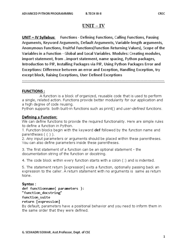 Unit - Iv: UNIT - IV Syllabus: Functions - Defining Functions, Calling Functions, Passing ...