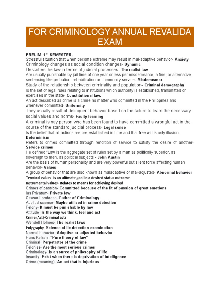 For Criminology Annual Revalida Exam: Prelim 1 Semester | PDF ...