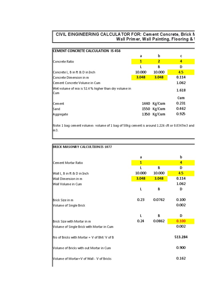 Civil Engg Work Qty Calculator 1 Sept 21 | PDF | Mortar (Masonry) | Brick